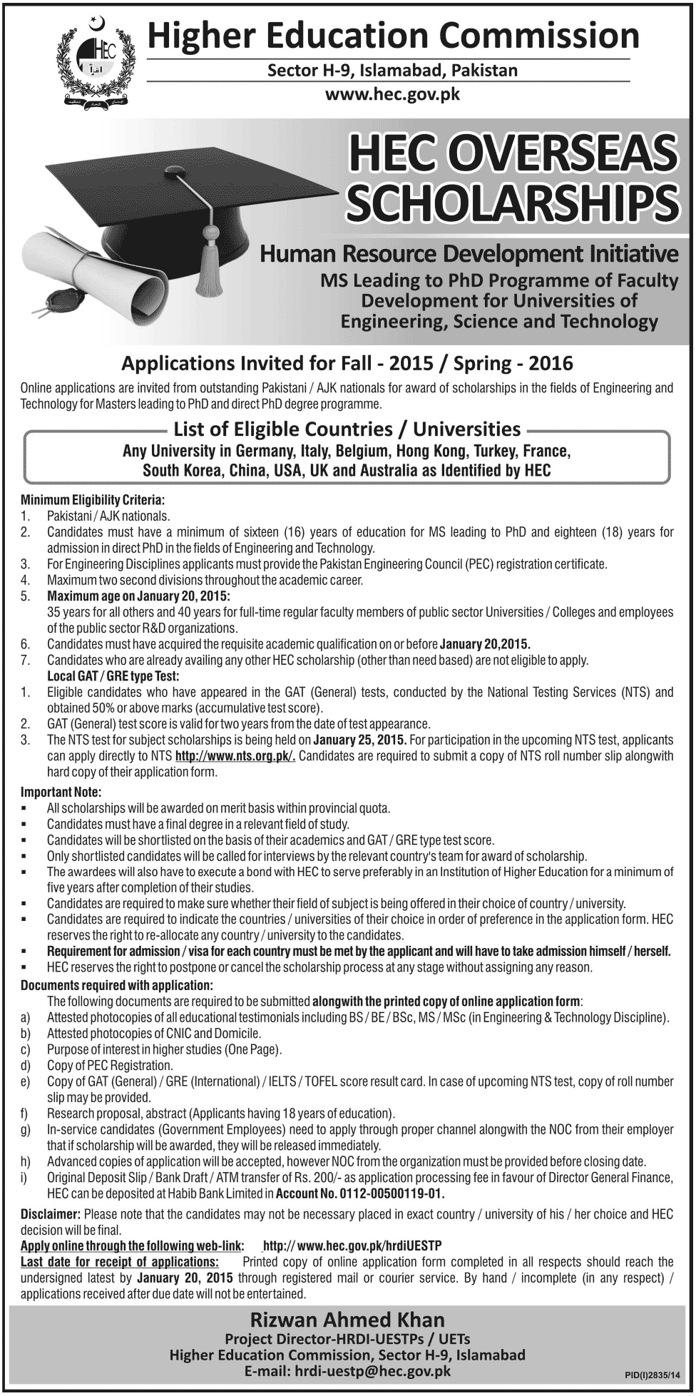 Hec Overseas Scholarships 2015 Advertisement Application Form Last Date