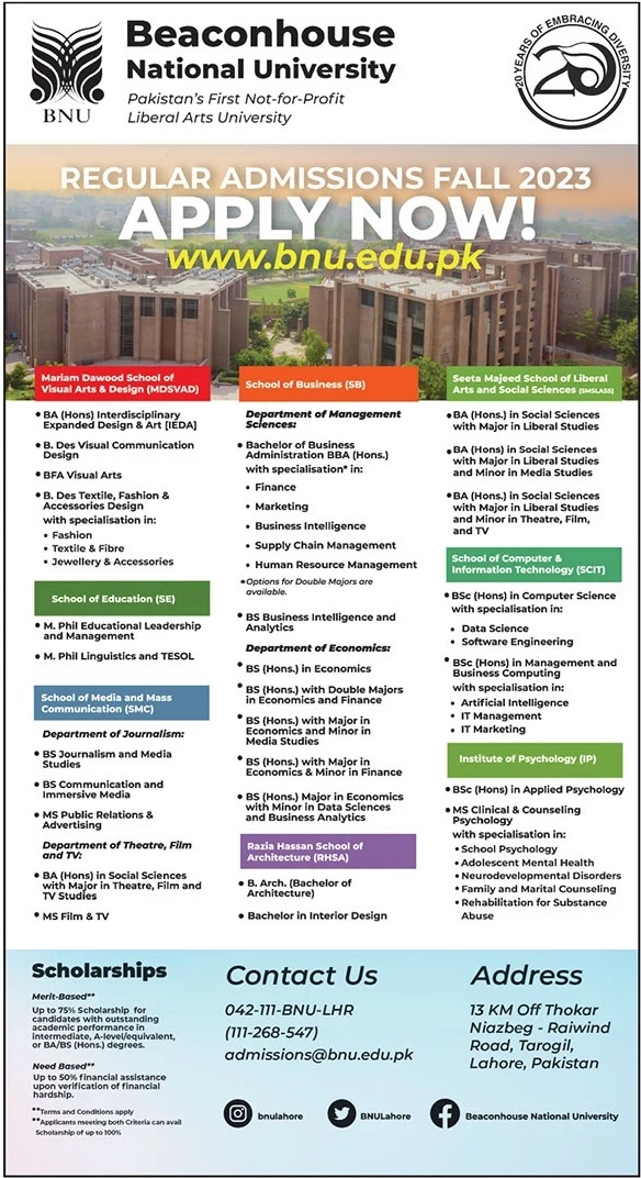 Beaconhouse National University Lahore Admissions 2023