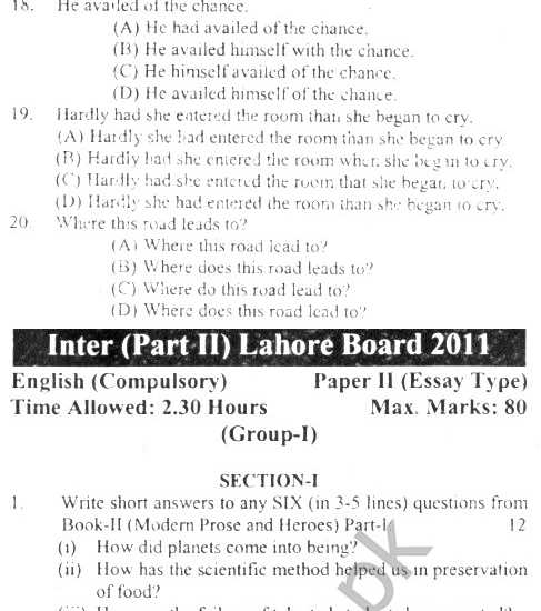 Lahore Board Inter Part 2 English Past Papers 2011