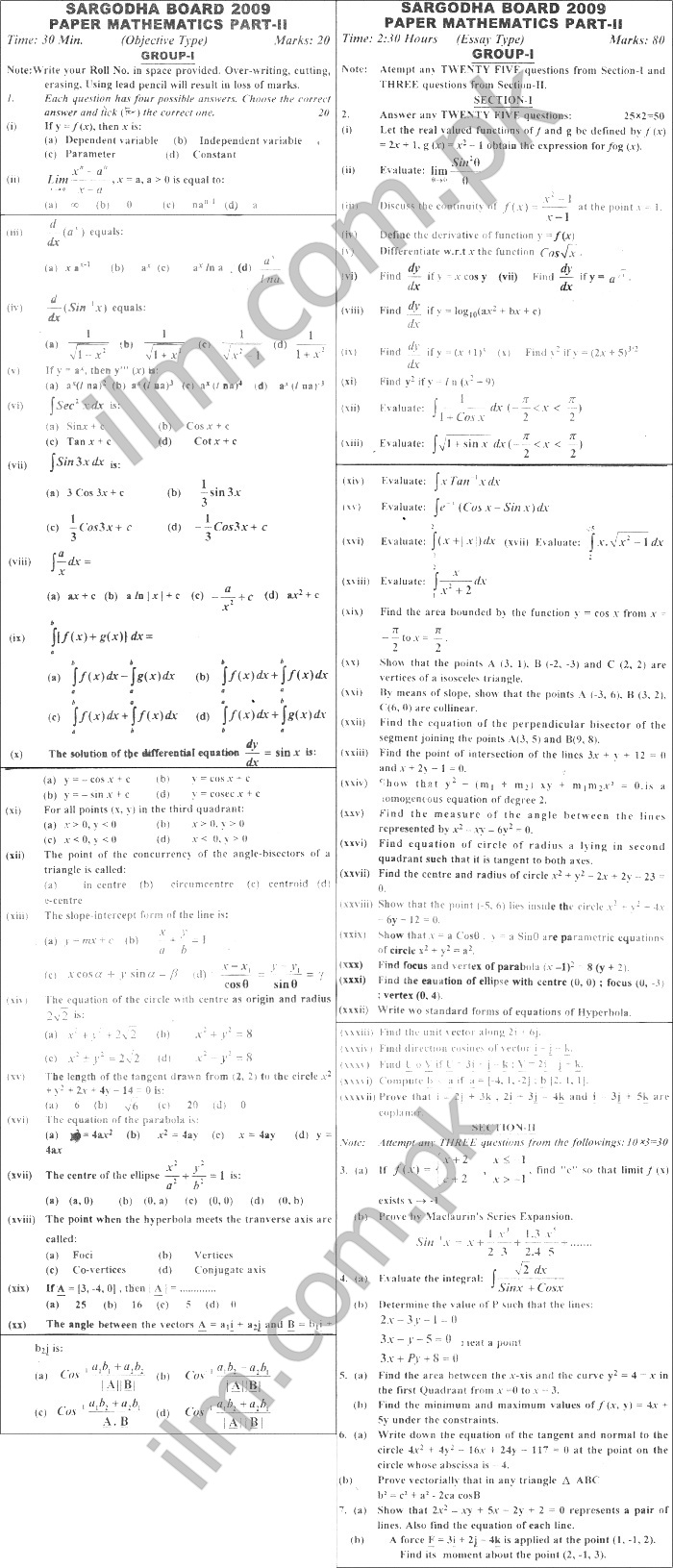 Sargodha Board Math Past Papers 2025 1st Year, 2nd Year