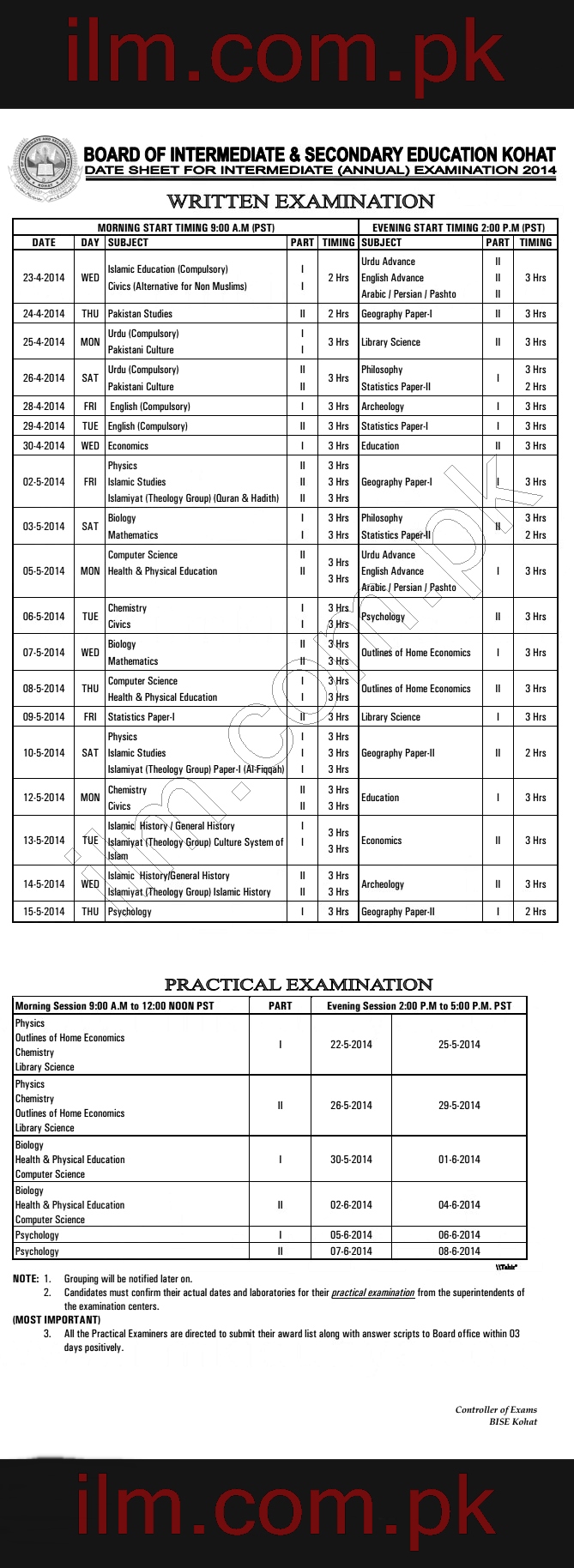 BISE Kohat Board HSSC Inter Part 1, 2 Date Sheet 2014 FA, FSC
