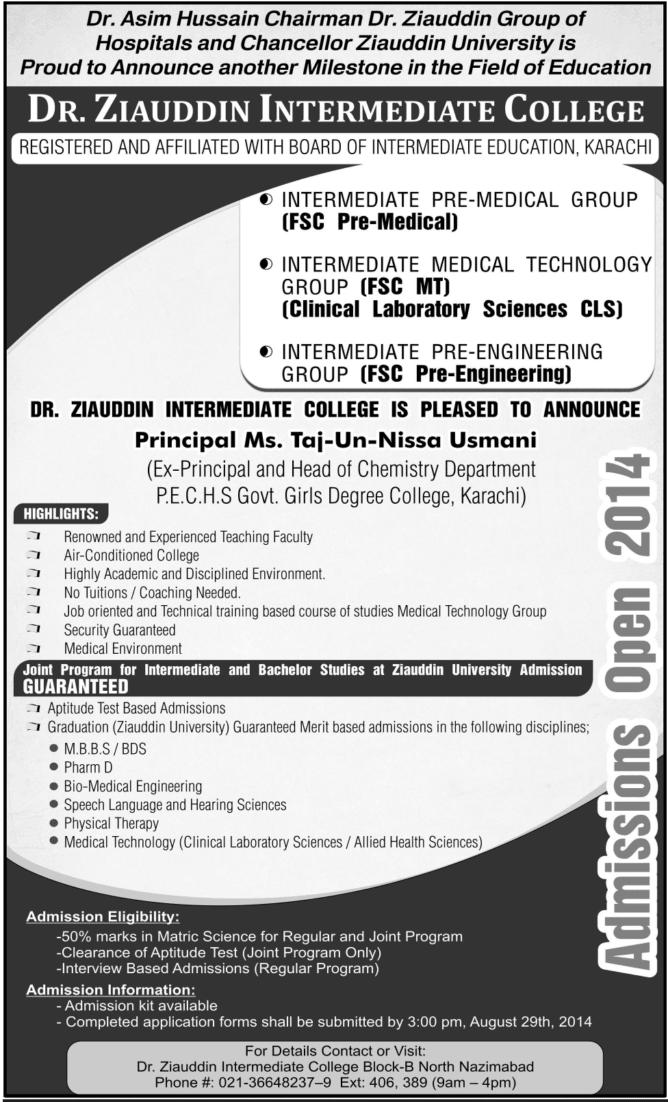 Dr Ziauddin Intermediate College Karachi Admission 2016 F. Sc Form ...