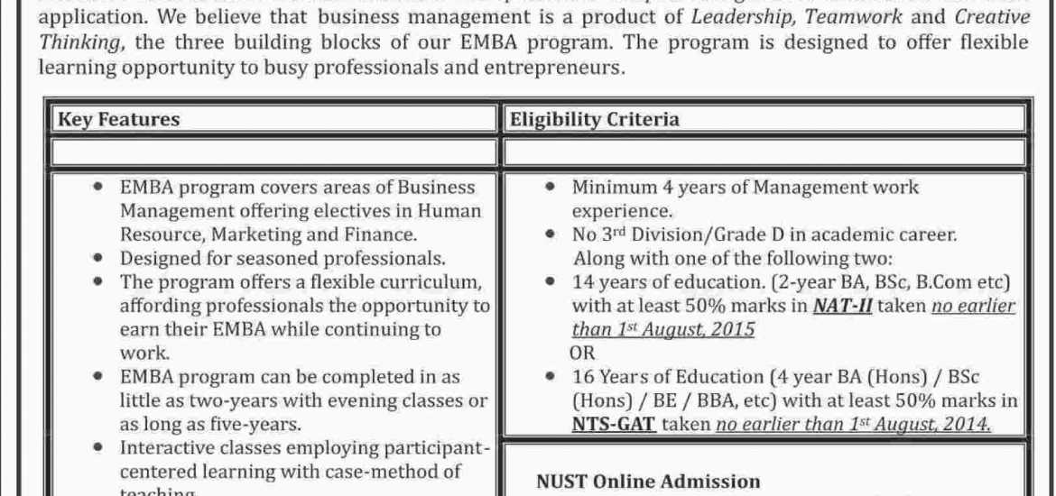 NUST Islamabad Executive MBA Admission 2018 Form Apply Online, Last Date