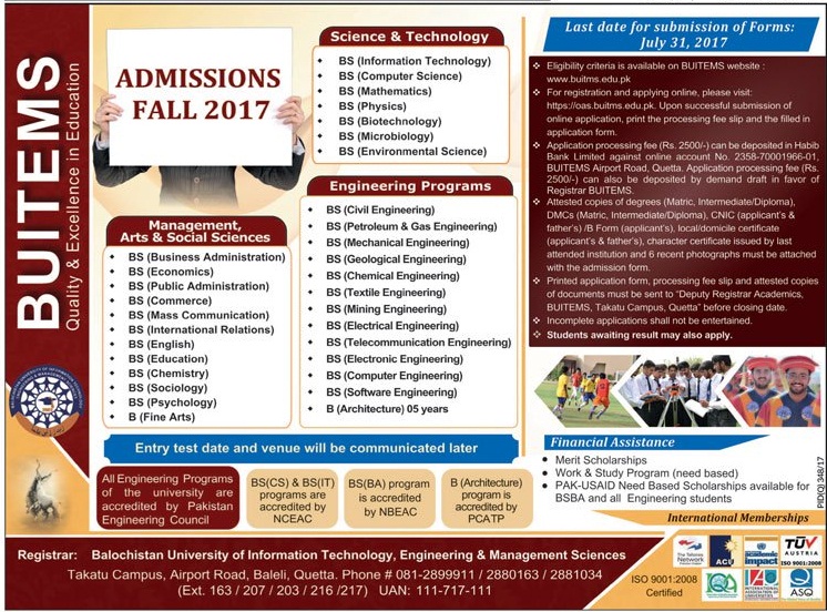 BUITEMS Admission Fall 2017 Engineering, Management Science Admission Form