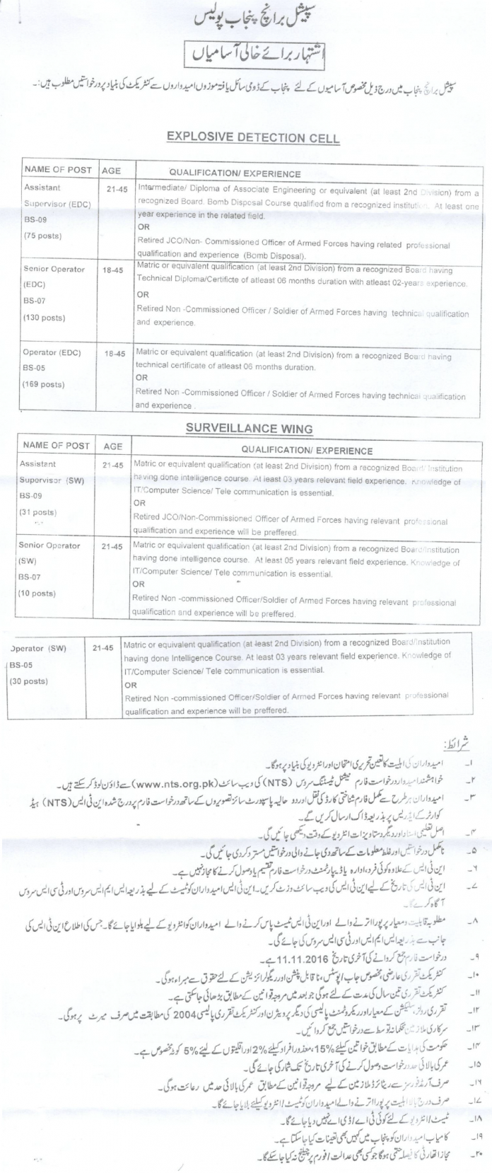 Punjab Police Special Branch Jobs 2016 NTS Application Form