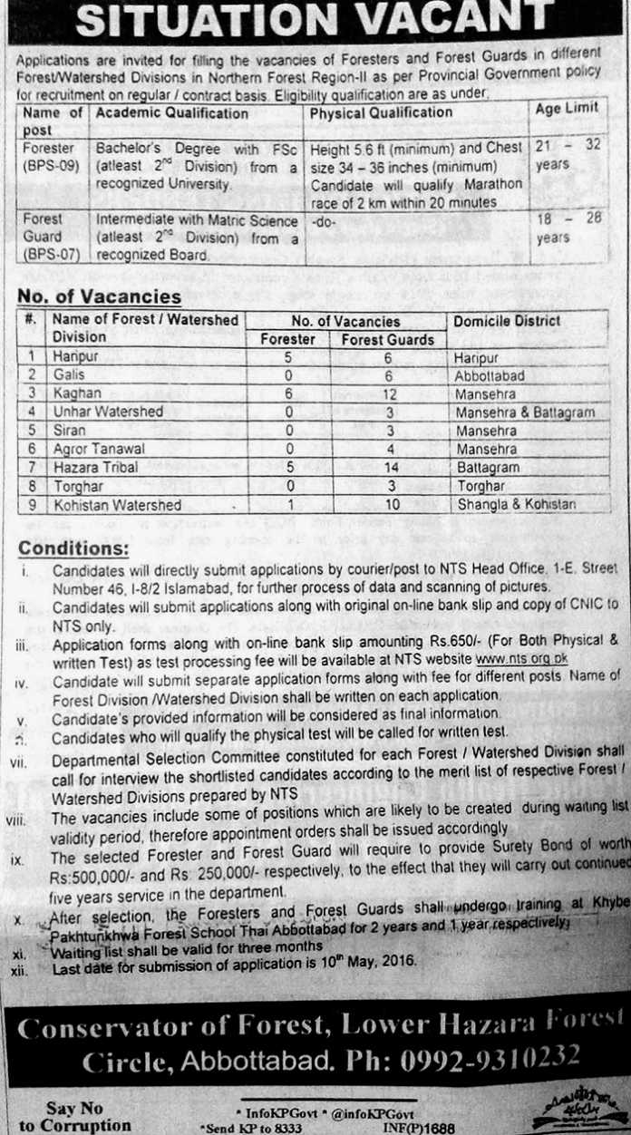 Forest Department Jobs 2016 NTS Application Form Last Date Advertisement