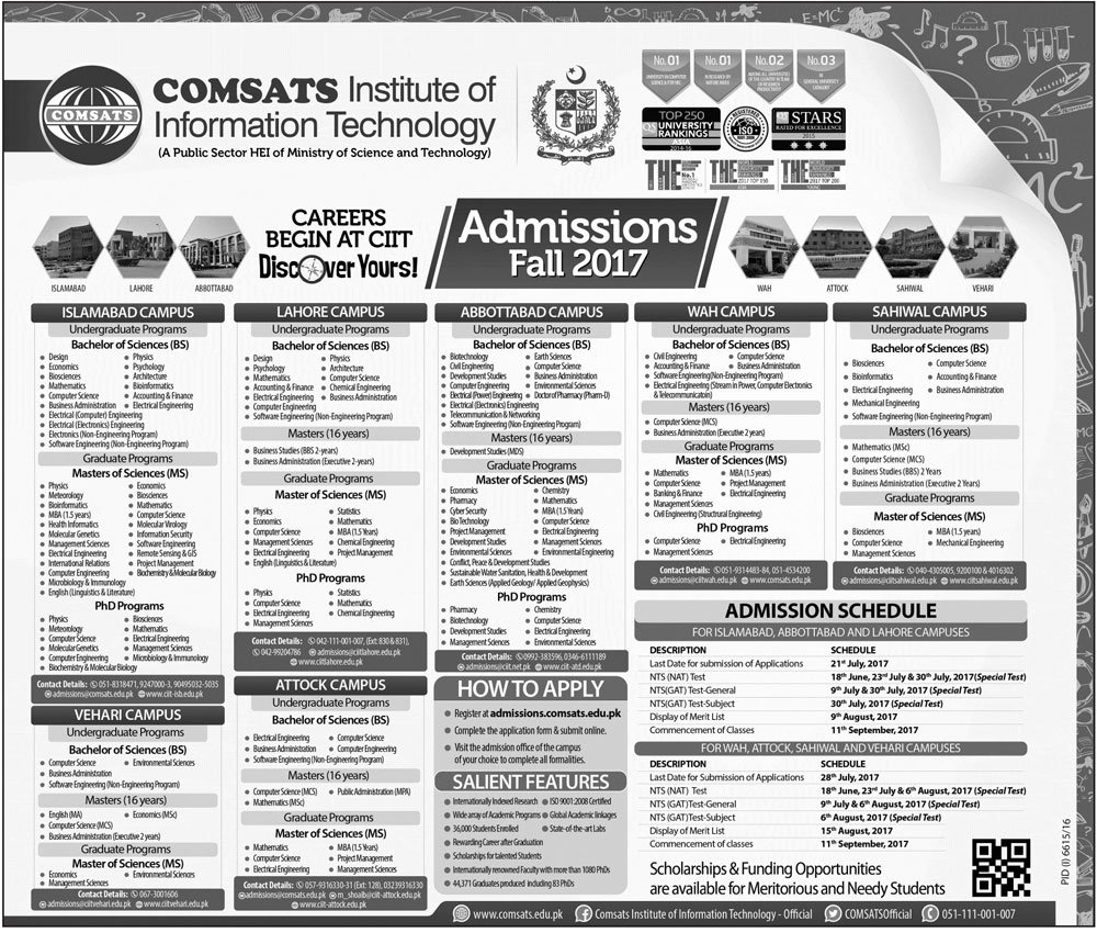 COMSATS Abbottabad Admission Fall 2017 Schedule Apply Online