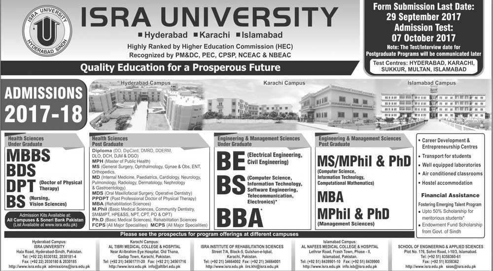Isra University Karachi Admission 2017 Entry Test Result, Merit List