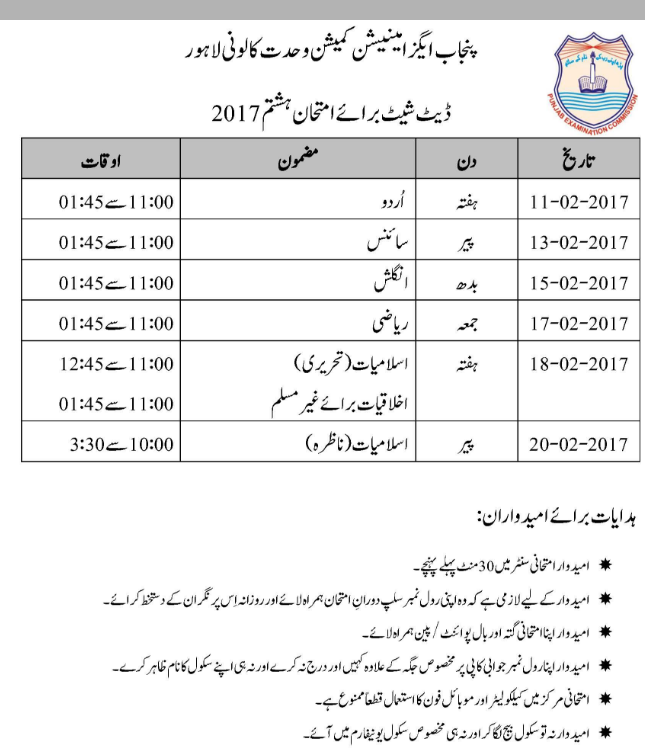 PEC 8th Class Exams Date Sheet 2017 | 8th Class Date Sheet 2017