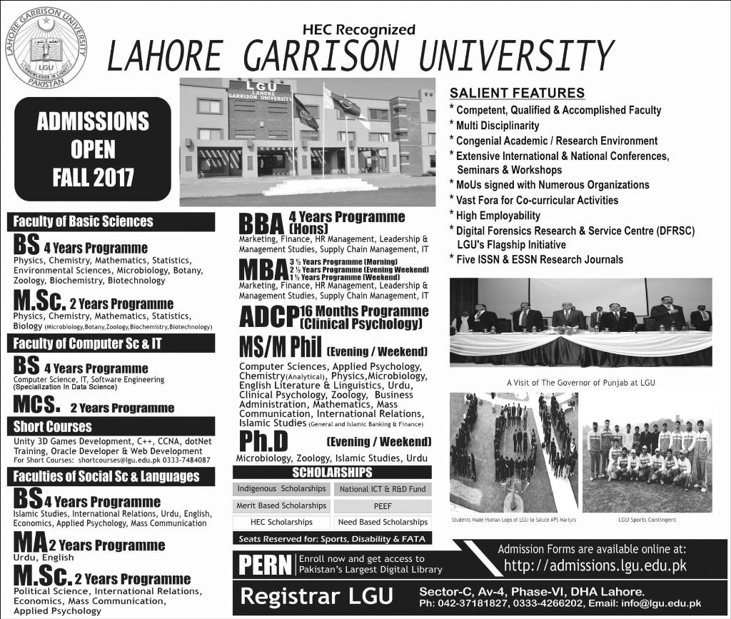 Lahore Garrison University LGU Admission 2017 Form, Procedure, Eligibility