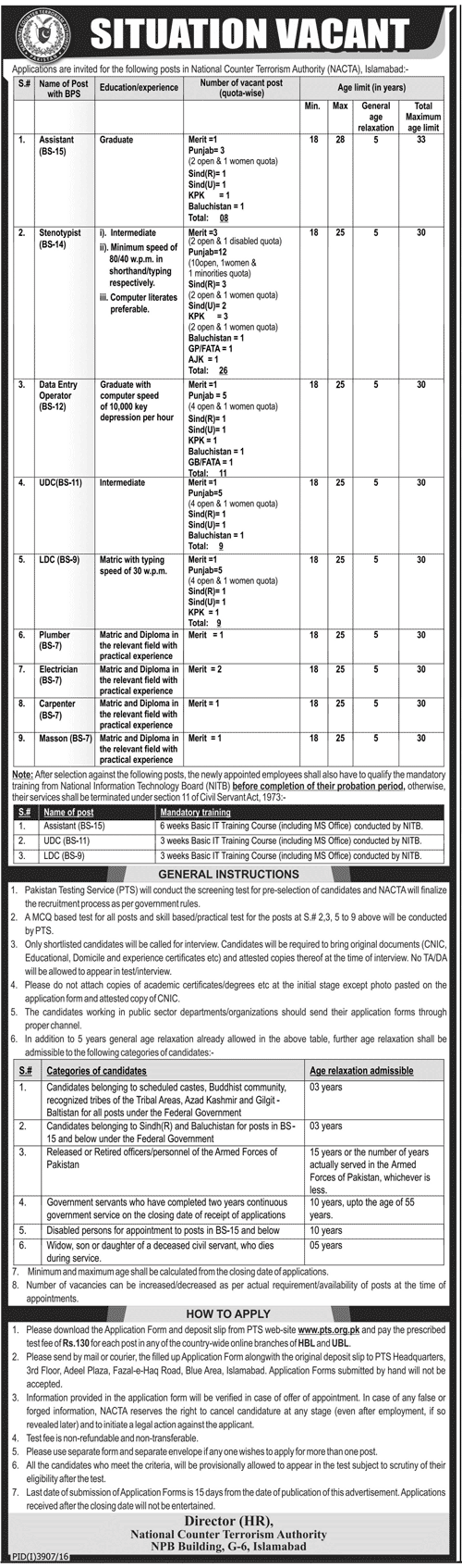 National Counter Terrorism Authority NACTA Jobs 2017 PTS Application ...