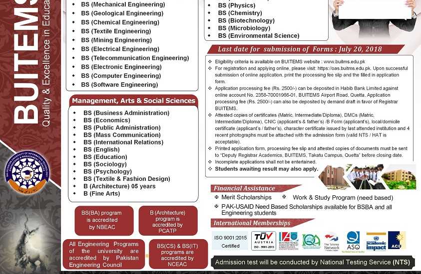 BUITEMS Admission Fall 2018 Engineering, Management Science Admission Form