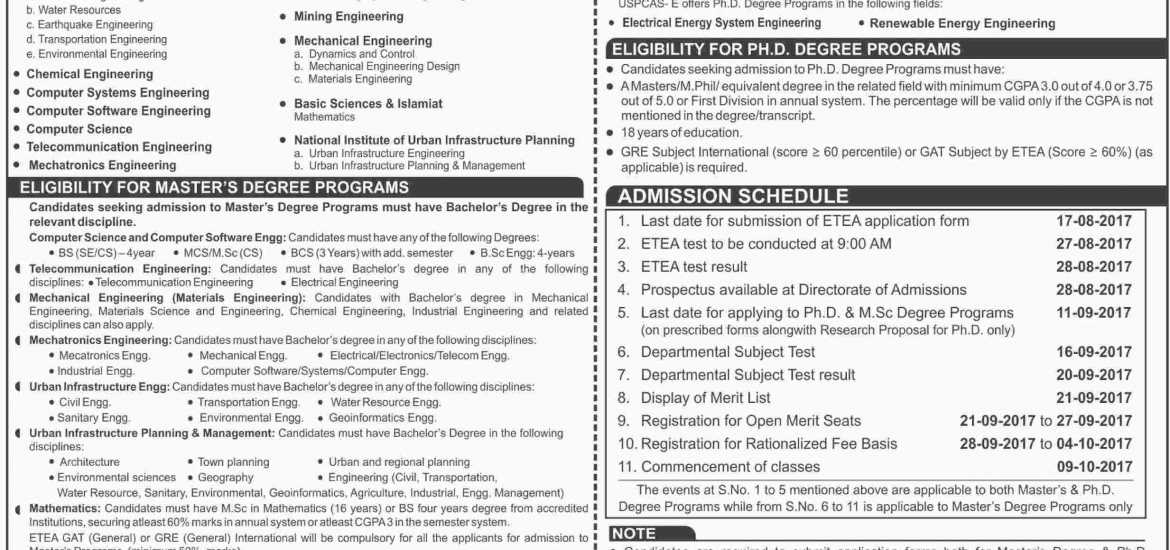 UET Peshawar Masters, PhD Admission 2017 Form, Entry Test Date