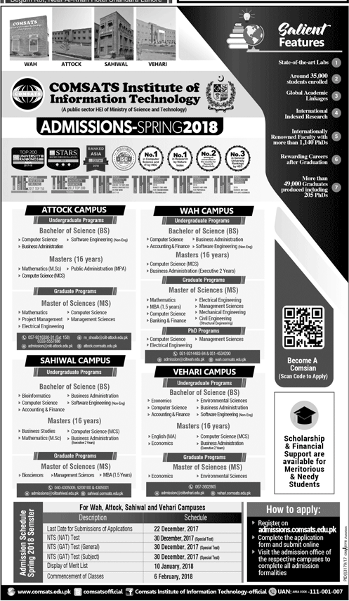 Comsats Spring Admission 2018 NTS NAT, GAT Test Form, Dates Schedule