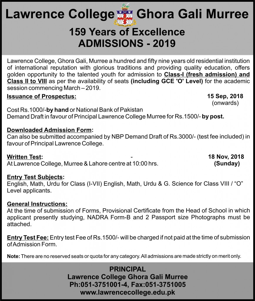 Lawrence College Murree Admissions 2019 Forms, Entry Test Result