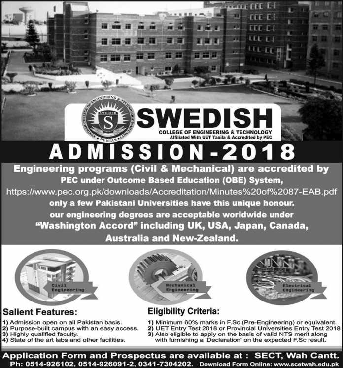 Swedish College Of Engineering And Technology Wah Cantt Admission 2018