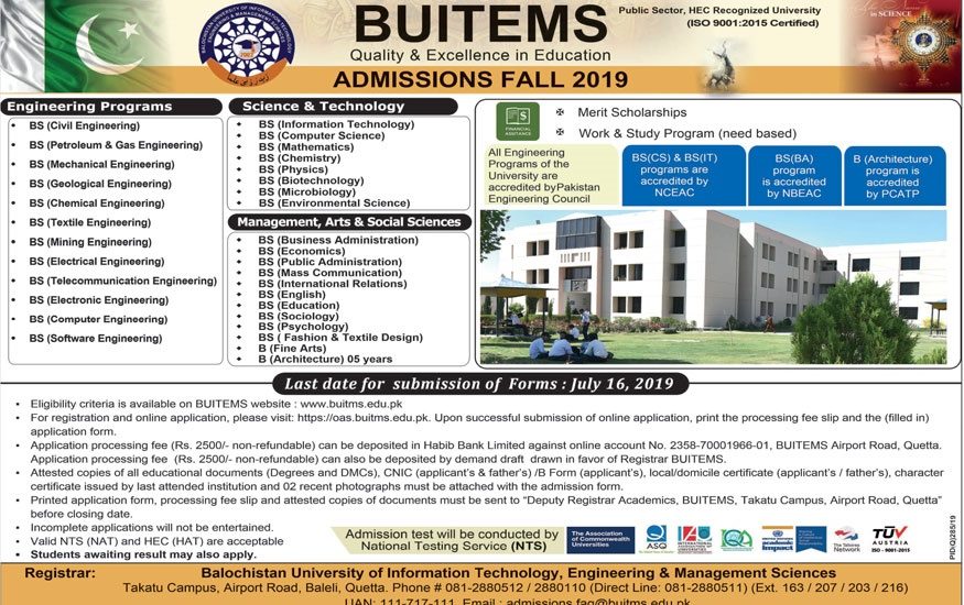 BUITEMS Admission Fall 2019 Engineering, Management Science Admission Form