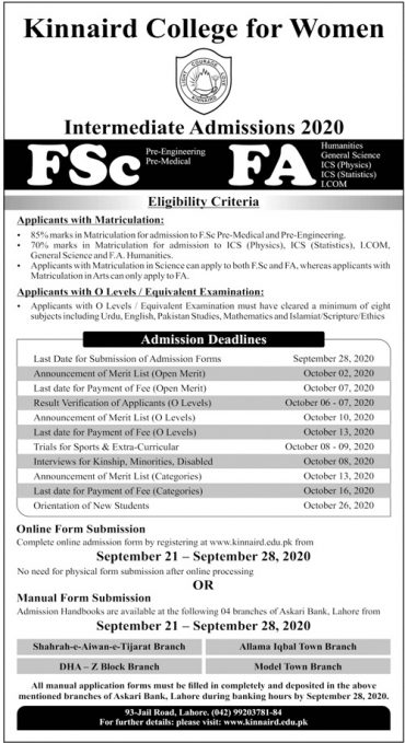 Kinnaird College For Women Lahore FA, FSC Admission 2020