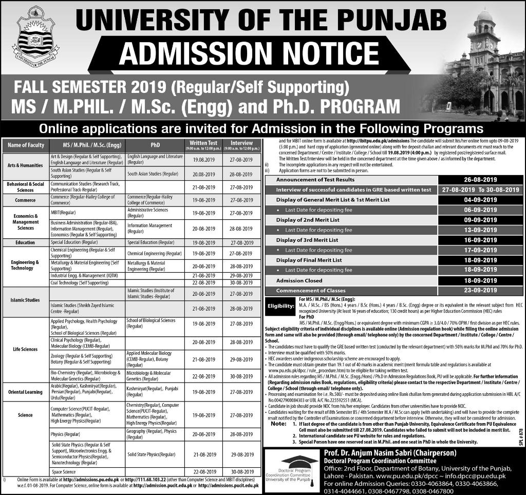 Punjab University Entry Test Schedule 2019 for M.Phil/ M.Sc (Engg) Ph.D