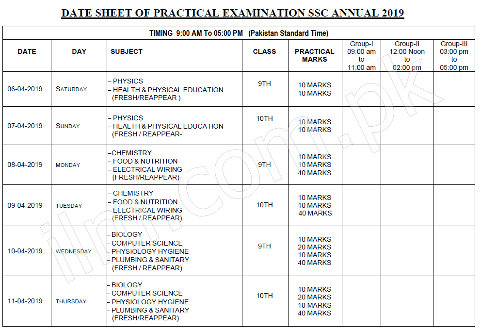 BISE Peshawar Board SSC 9th 10th Class Date Sheet 2019 BISE Peshawar Board SSC 9th 10th Class Date Sheet 2019