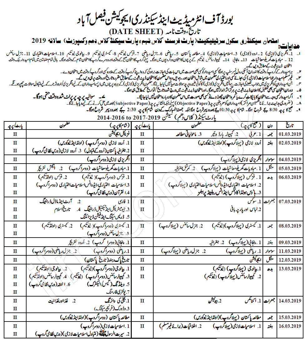 BISE Faisalabad Board Matric 10th Class Date Sheet 2019