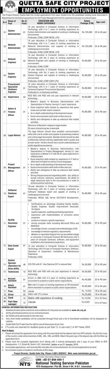 Quetta Safe City Project Jobs 2019 NTS Application Form Advertisement