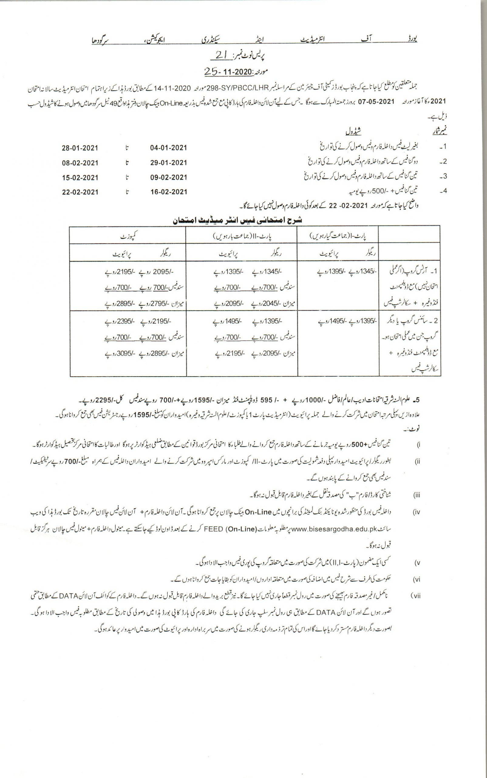 Sargodha Board Intermediate Admission Form 2022 Last Date