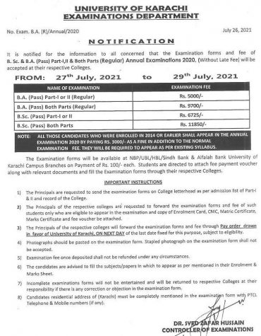 Karachi University BA, BSC, B.Com Examination Form 2025 Submission Schedule