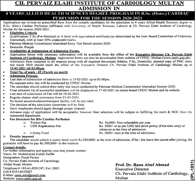 Ch Pervaiz Elahi Institute Of Cardiology Multan BSc Admission 2021 Form