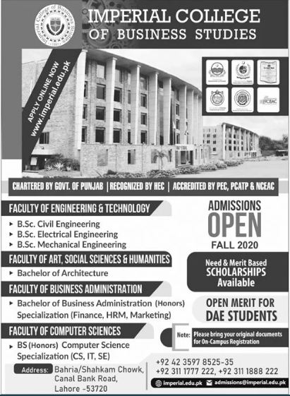 Imperial College of Business Studies Lahore Admission 2022