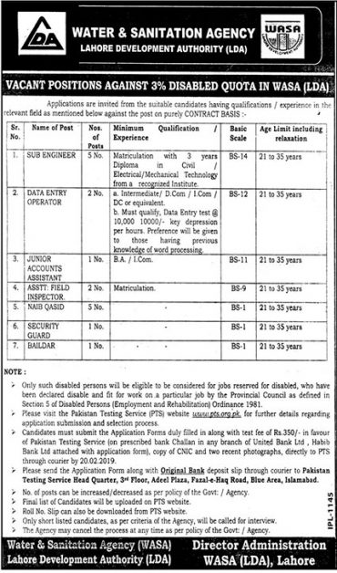 WASA Lahore Jobs 2019 LDA PTS Application Form Advertisement