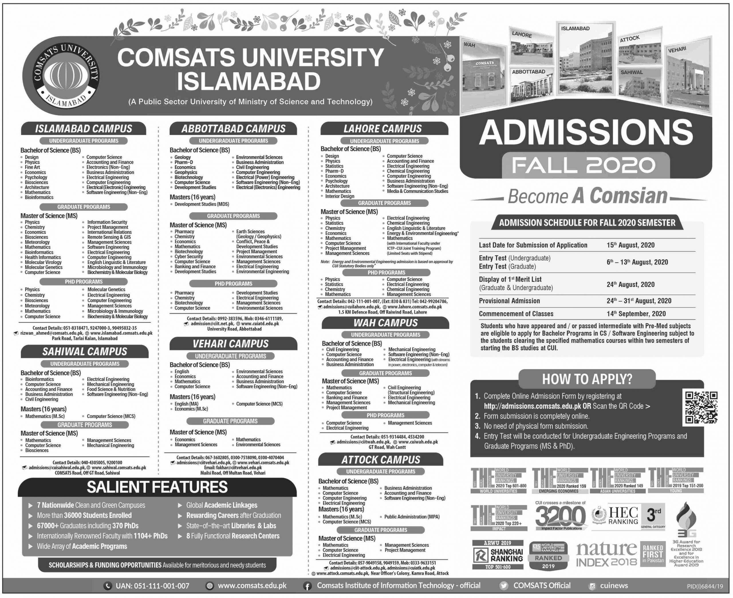 COMSATS Islamabad Admission 2020 Last Date, Advertisement COMSATS Islamabad Admission 2020 Last Date, Advertisement