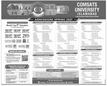 COMSATS Admission Schedule 2021 Requirement Criteria and Procedure