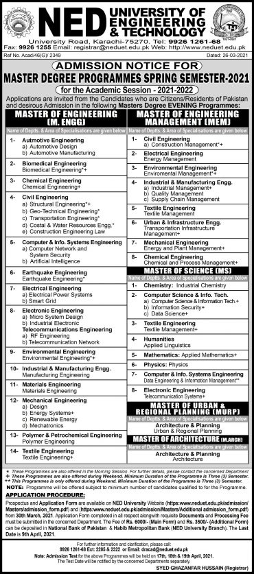 NED University Karachi Masters Admission 2025 Form, Prospectus