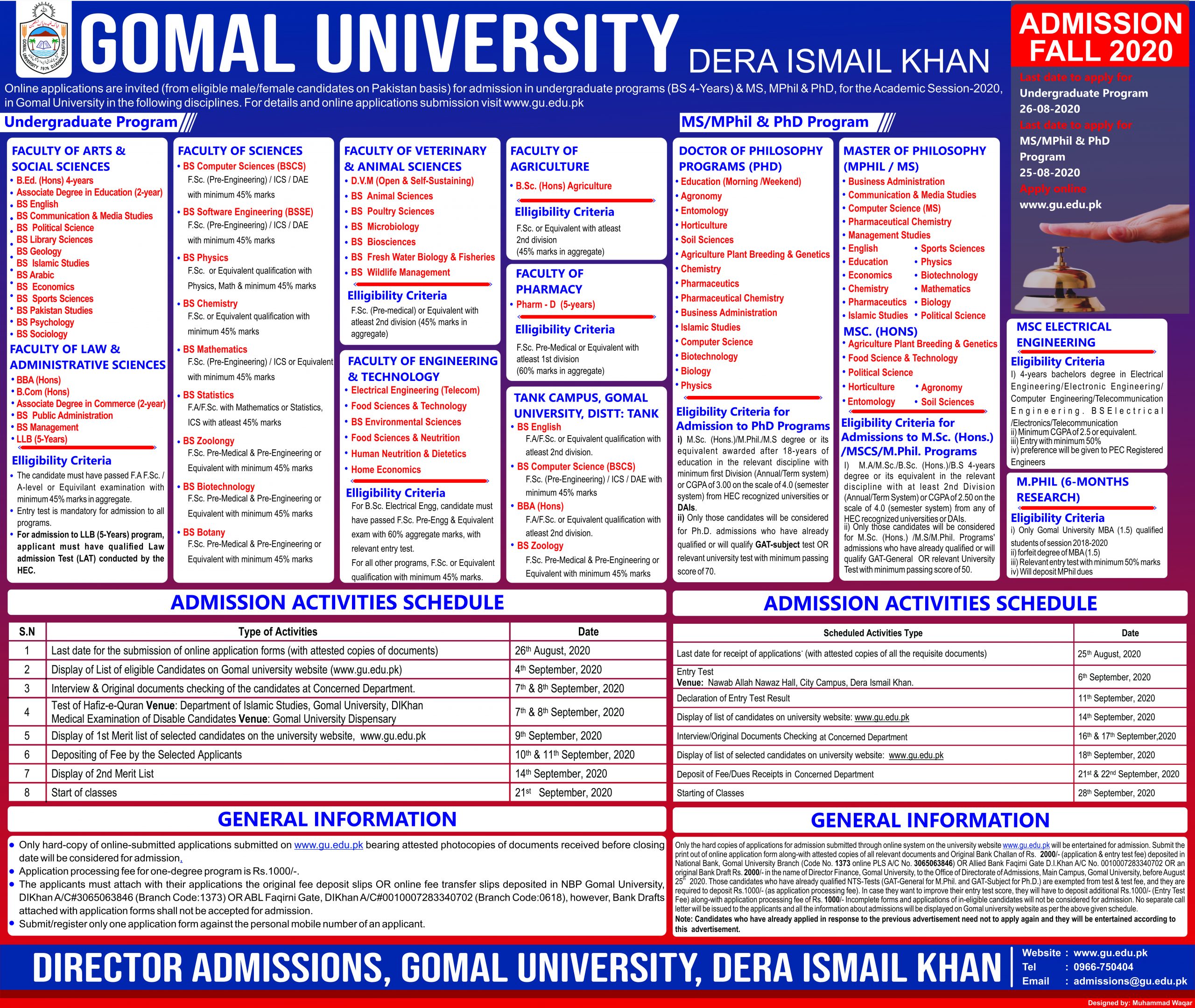 Gomal University DI Khan Admission 2021 Form Last Date Advertisement