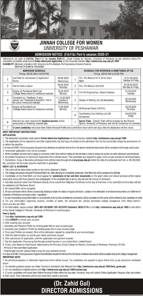 Jinnah College for Women Peshawar Admission 2022 Last Date