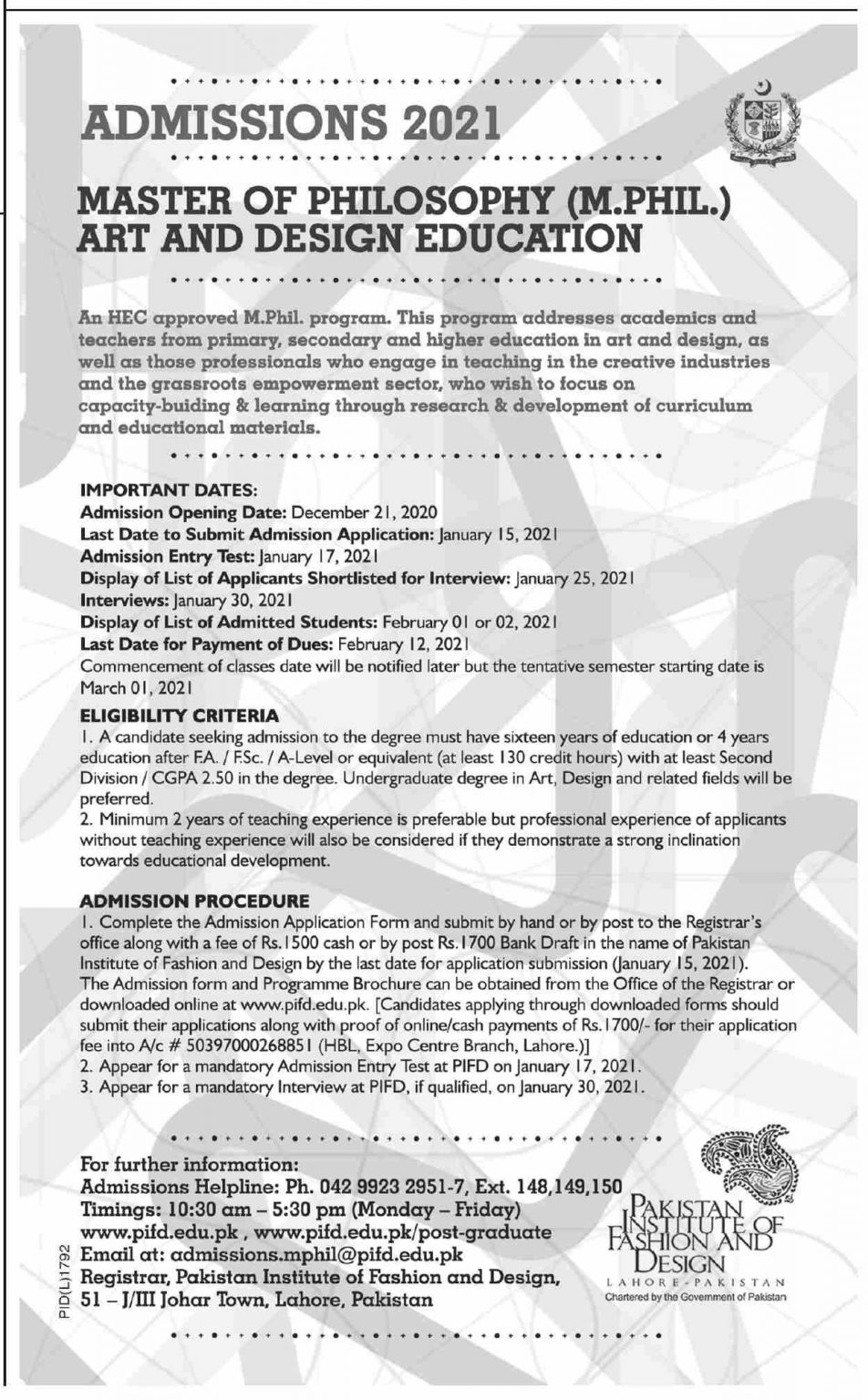 Pakistan Institute of Fashion and Design PIFD Lahore Admission 2022