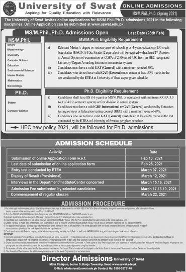University Of SWAT Admission 2025 Form Download Online