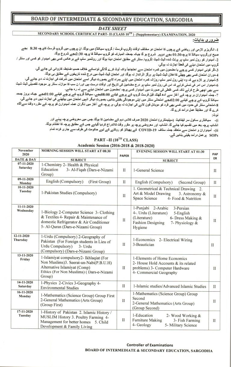 Sargodha Board Matric 10th Supply Date Sheet 2023