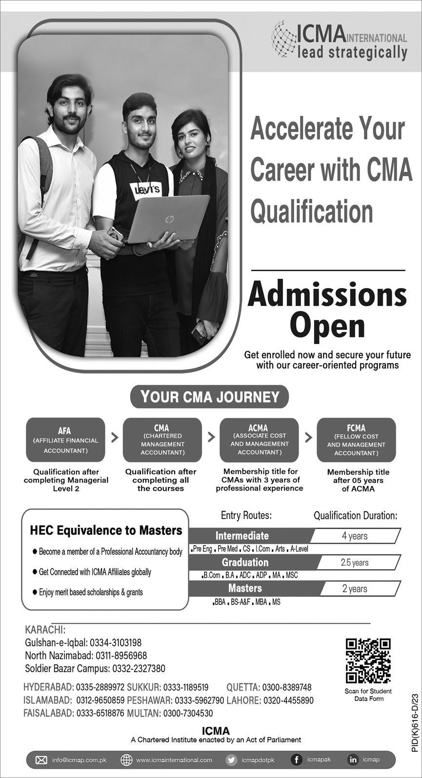 ICMA Pakistan Admission 2023 CMA Program Form, Last Date