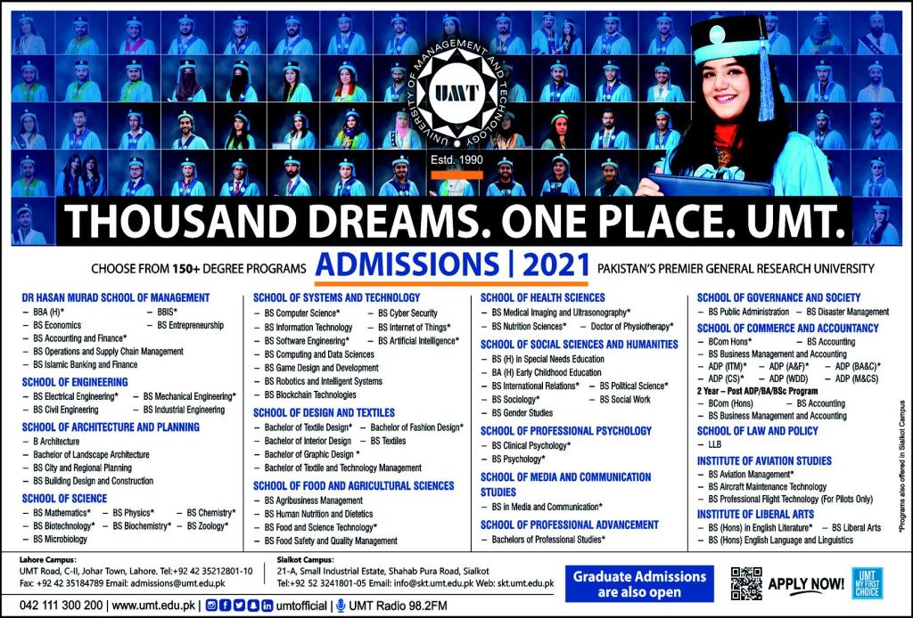 University of Management and Technology UMT Admissions 2021 Form Last Date