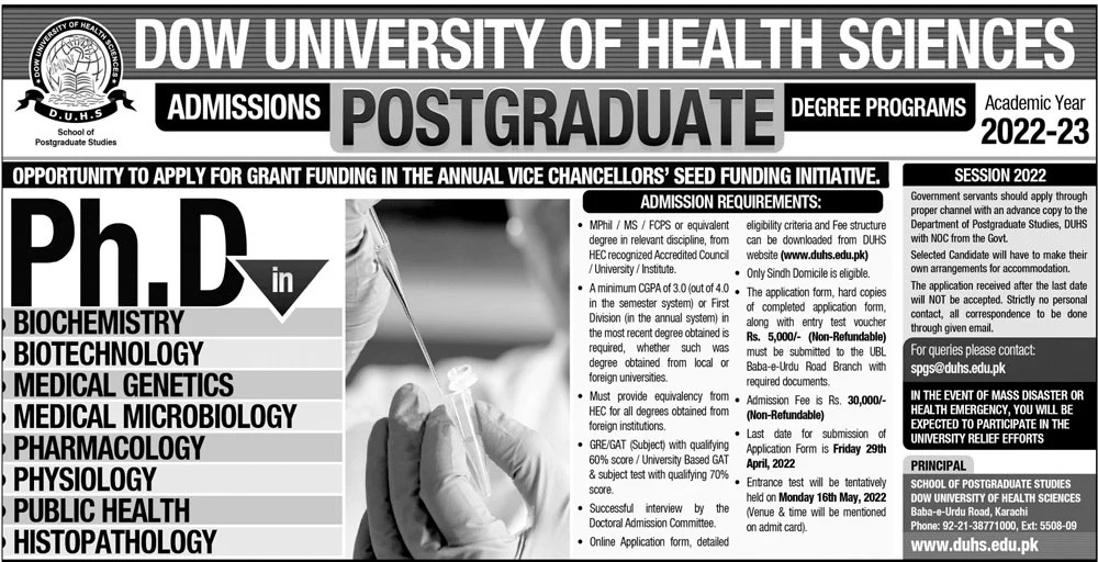 Dow University Of Health Sciences Postgraduate Courses Admission 2022