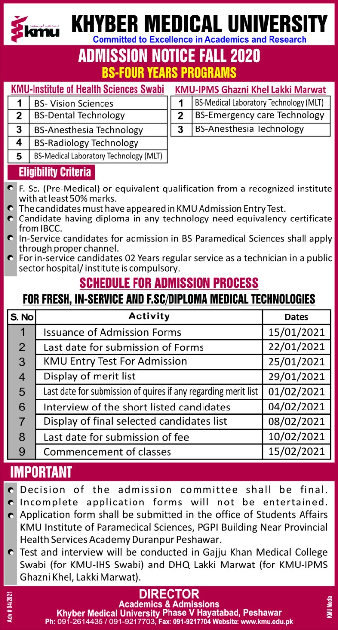 Khyber Medical University KMU Admission 2021 Undergraduate, Postgraduate