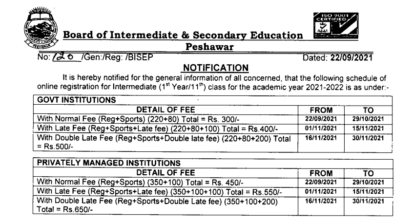 Peshawar Board Intermediate Admission Form 2022 Last Date