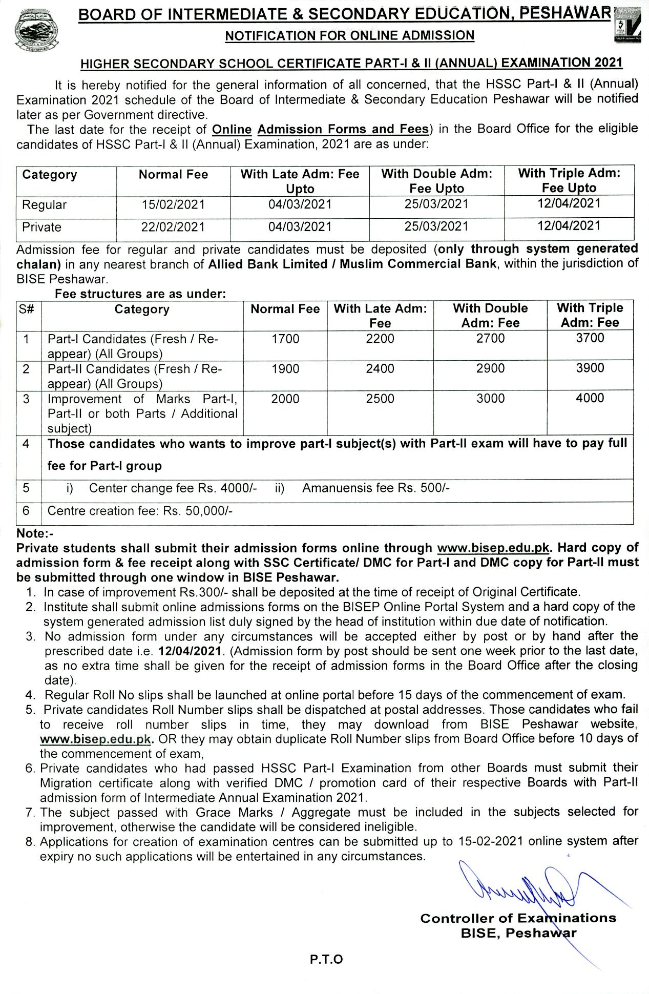 Peshawar Board Intermediate Admission Form 2021 Last Date