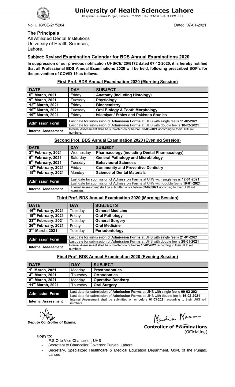UHS MBBS, BDS Date Sheet 2020-2021 University of Health Sciences