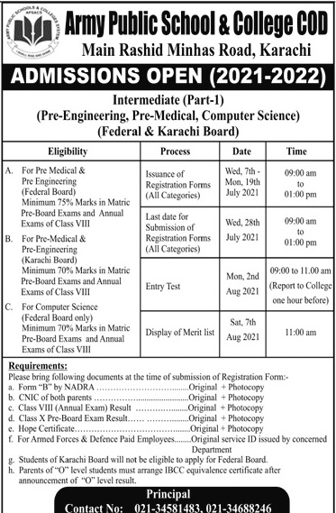 Army Public School APS Karachi Admission 2022