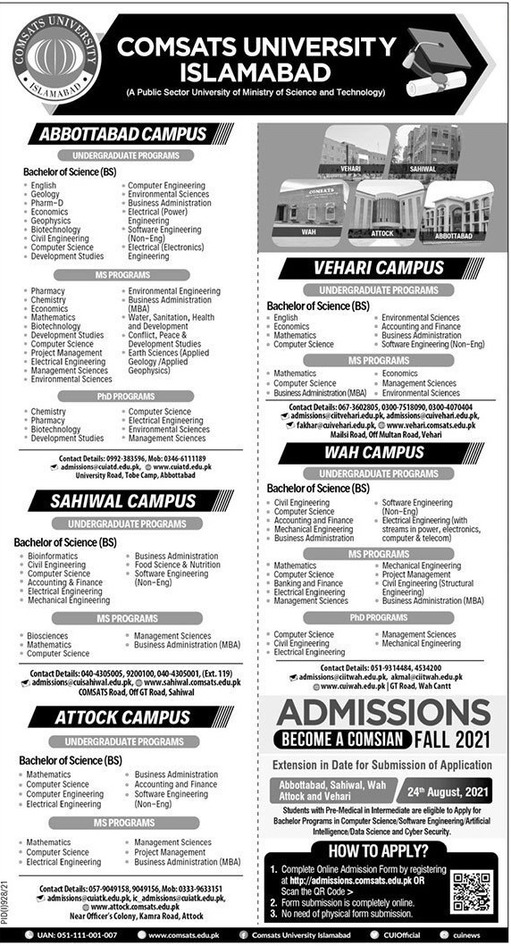COMSATS Islamabad Admission 2021 Last Date, Advertisement COMSATS Islamabad Admission 2021 Last Date, Advertisement