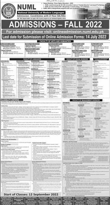National University of Modern Languages NUML Islamabad Admissions 2025