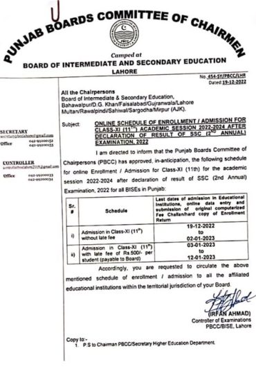 Rawalpindi Board Intermediate Admission Form 2023 Last Date